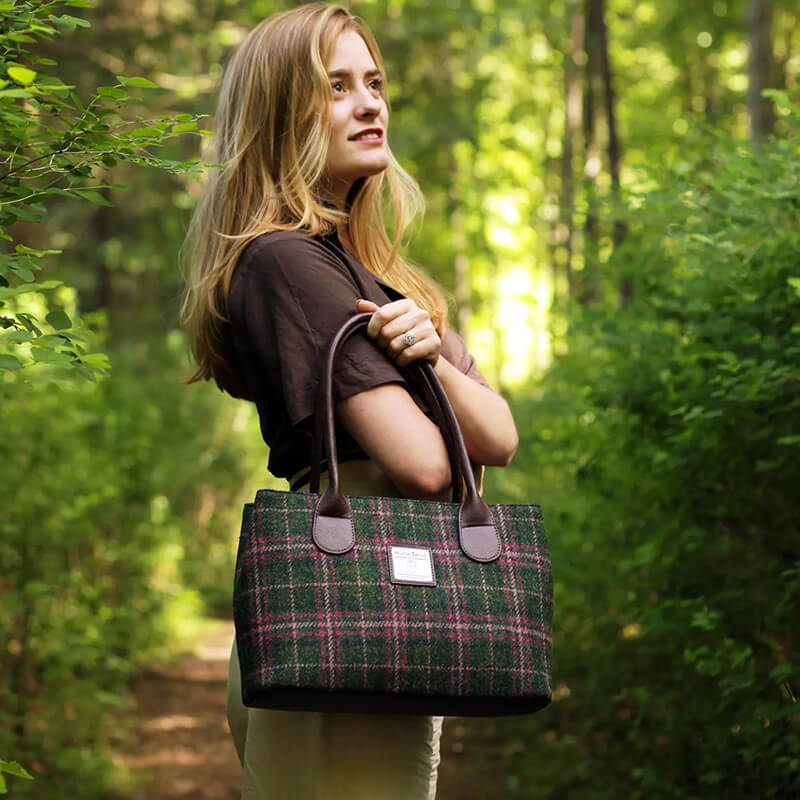 Classic Harris Tweed Handbag Green Pink Plaid | Made in Scotland