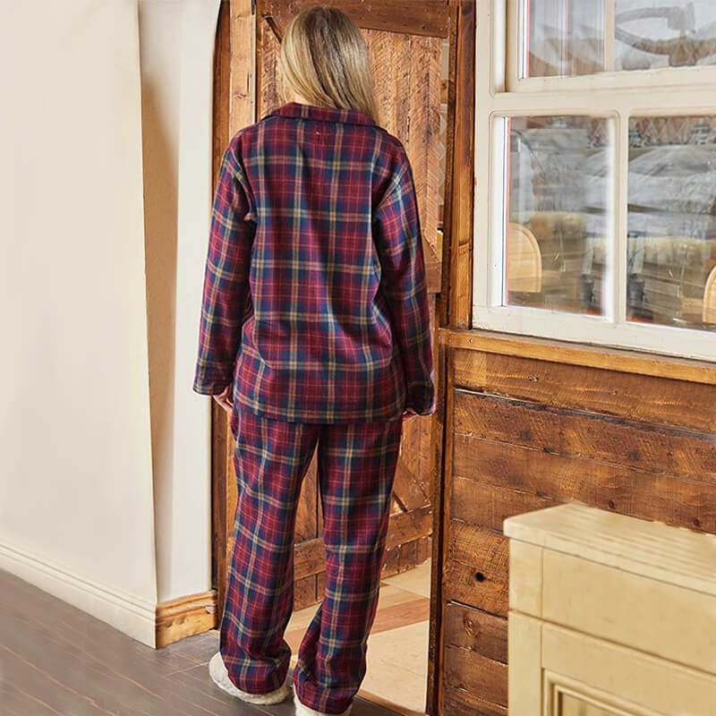 Ladies Cotton Flannel Tartan Pajamas – Maroon/ Navy | Made in Scotland