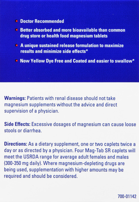 Mag-Tab SR Magnesium L-lactate Supplement Unit Dose Box of 100 Caplets ...