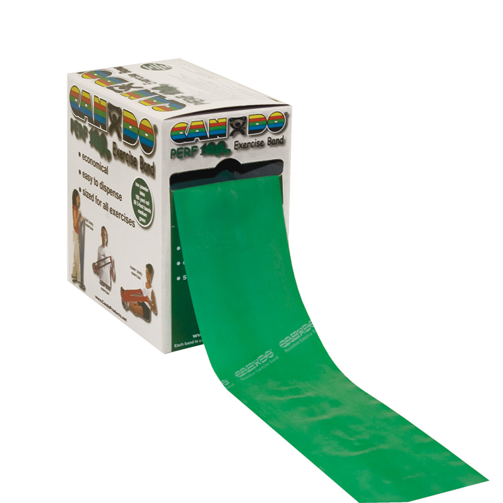CANDO EXERCISE BAND, LOW POWDER, MEDIUM, GREEN, PERFORATED, 100 YARDS