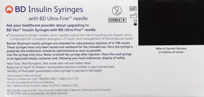 BD Ultra-fine Insulin Syringes 1mL 30Gx1/2" 100 ct (328411 ...