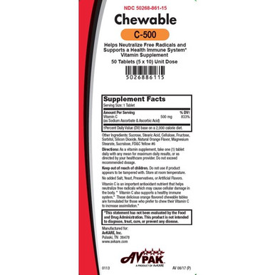 Avkare Vitamin C-500 Chewable Tabs 500mg 50 Count - drugsupplystore.com