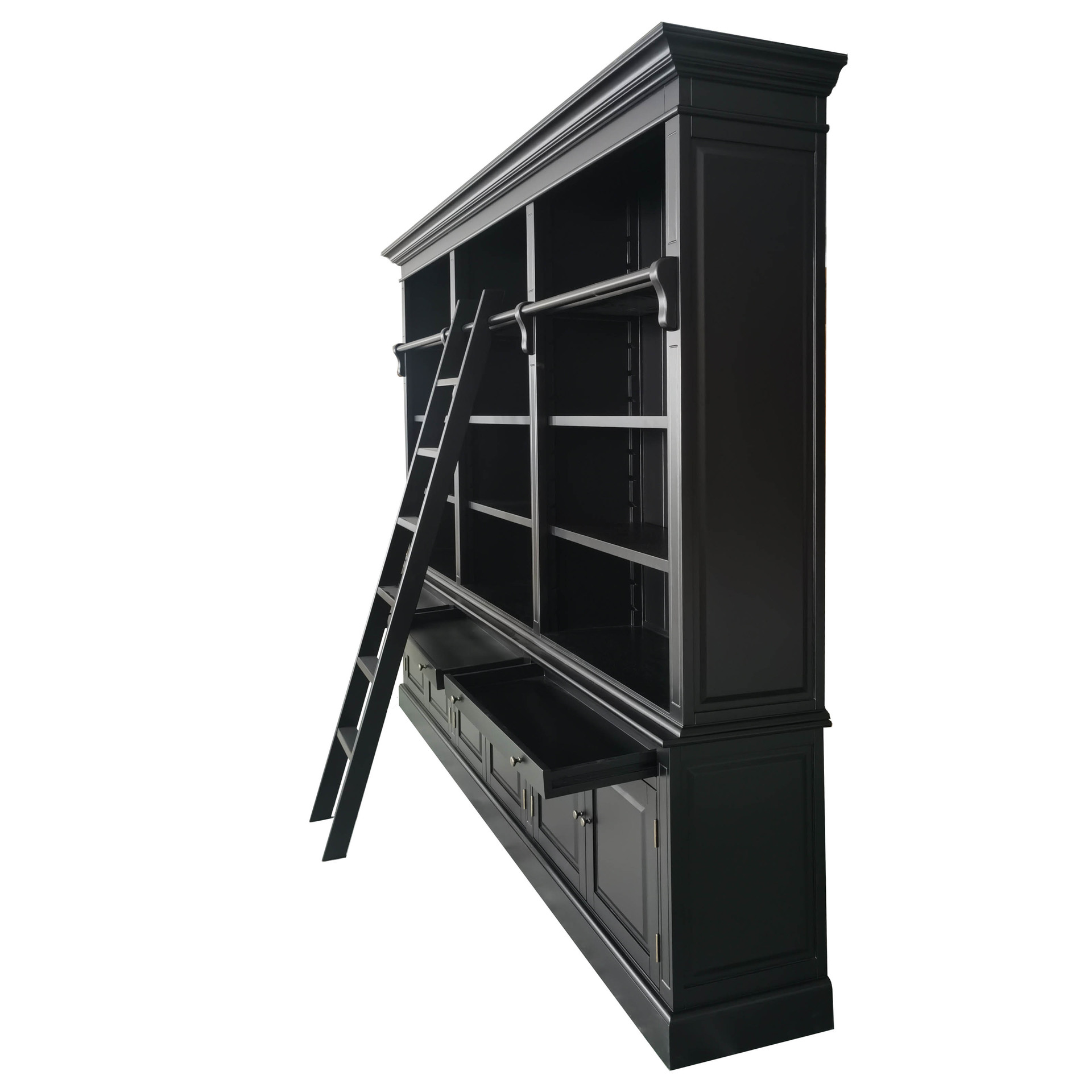 Maison Classic 3-Bay Library Bookcase w/- Ladder - Black | French ...