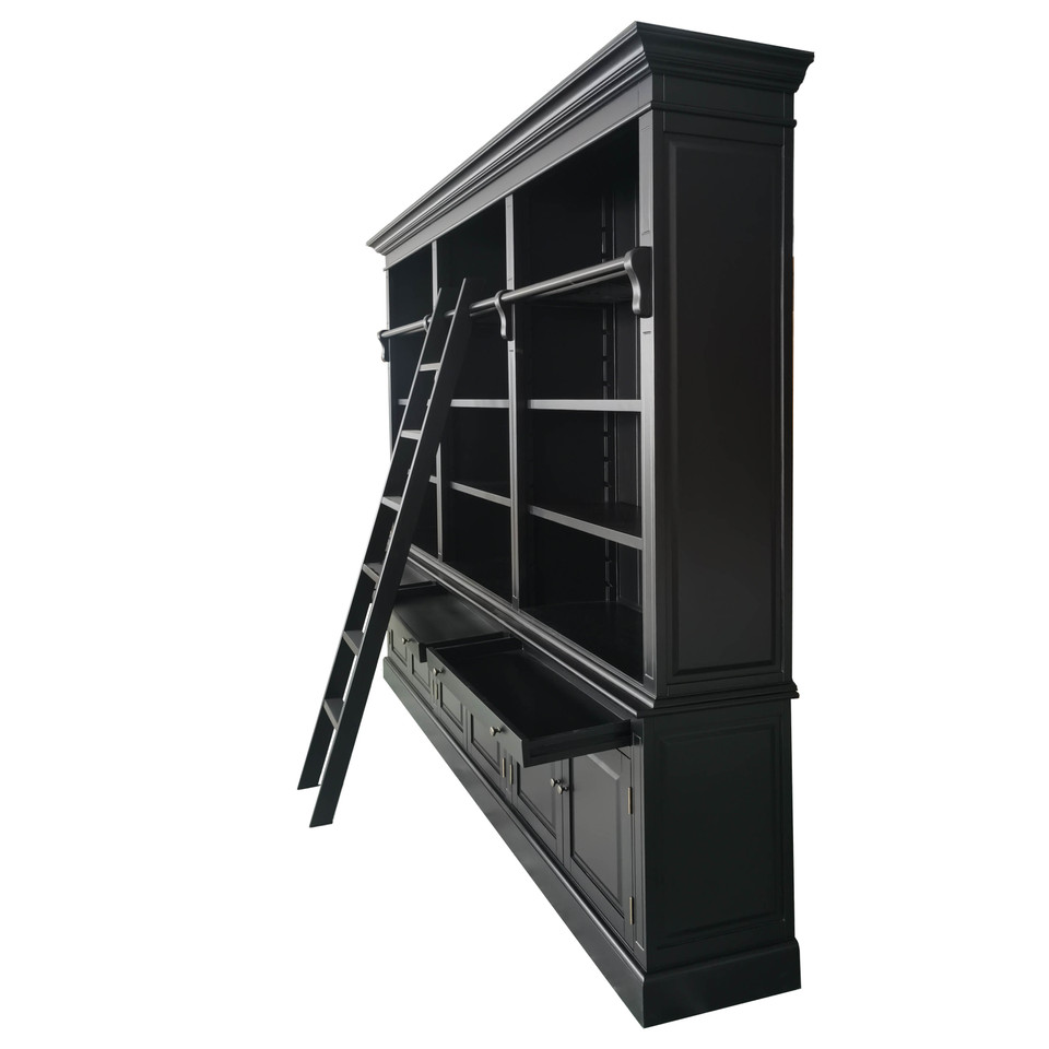 Maison Classic 3-Bay Library Bookcase w/- Ladder - Black | French ...