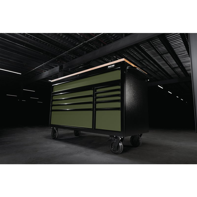 Bunker Workbench Roller Cabinet, 10 Drawer, 56" Green 08236 | Toolforce