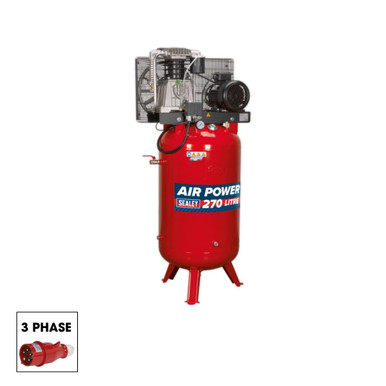 Sealey 270L Vertical Belt Drive Air Compressor 7.5hp 3ph 2-Stage with ...