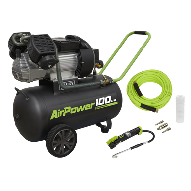 Sealey 100L Direct Drive V-Twin Air Compressor 3hp with Accessory Kit ...