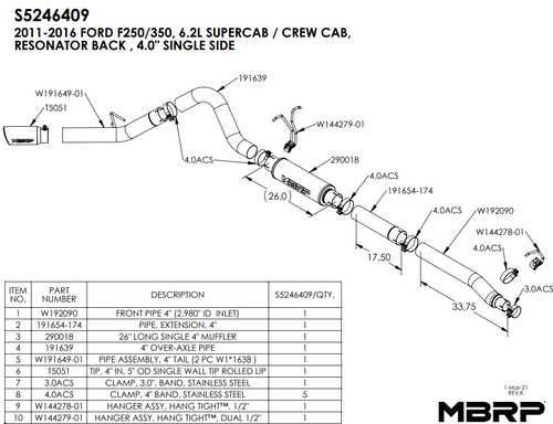 MBRP 4 Inch Resonator Back Exhaust System Single Side Exit T409 ...