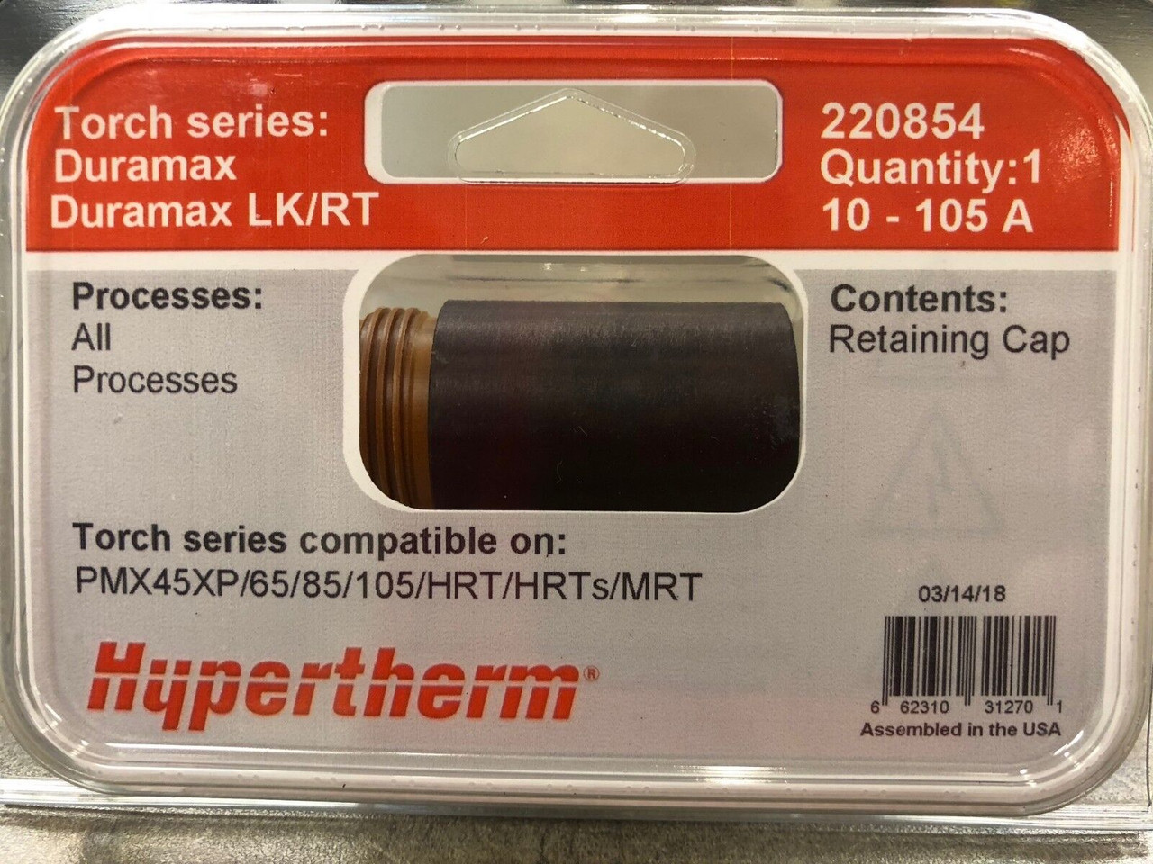 Hypertherm Retaining Cap, Duramax Torches, 45-105 AMP, 1/PK (220854)