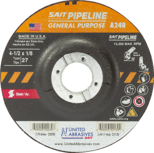United Abrasives SAIT 20063 Grinding Wheel 4 1 2 x 1 4 x 7 8 Type 27 A24R 25 box