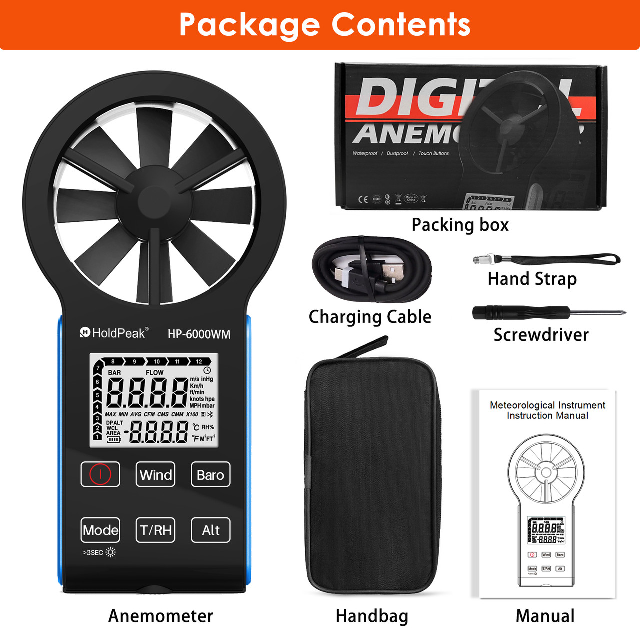Holdpeak HP-6000WM Portable Wind Speed Measurement; Atmospheric ...