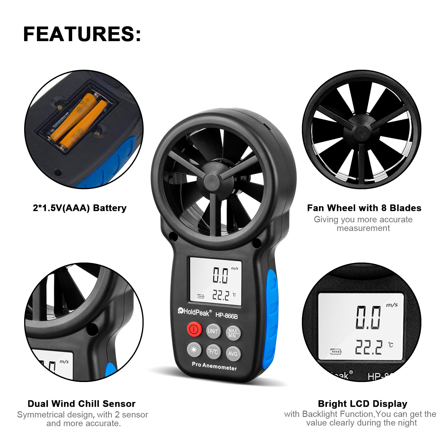 Holdpeak 866B Anemometer,Wind Speed Meter