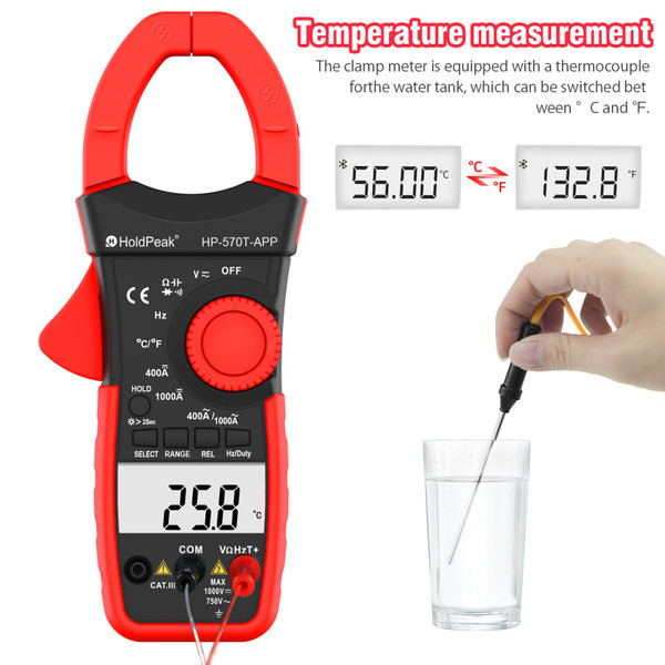 HOLDPEAK HP-570T-APP Wireless Clamp Meter 1000A ACDC Current Amp Clamp ...