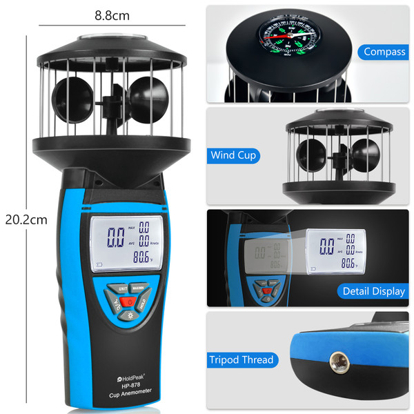 HOLDPEAK HP-878 Handheld Cup Anemometer with Compass, 360° Wind ...