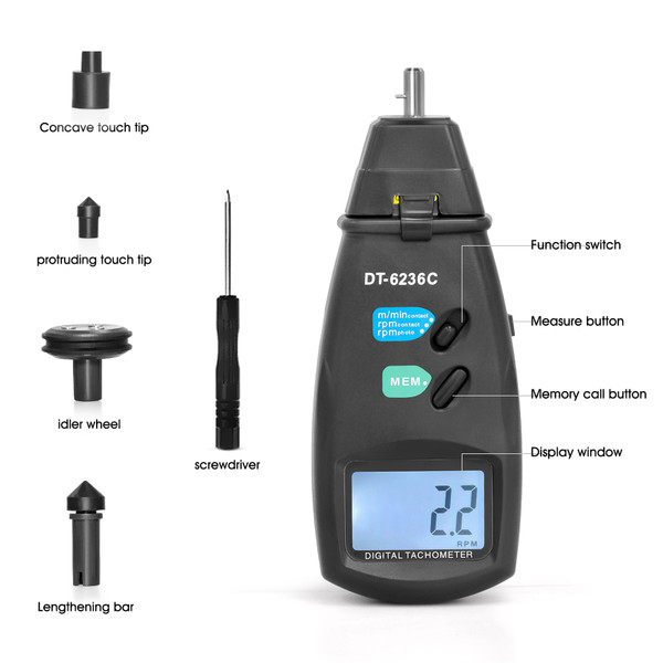 High-Precision Contact Tachometer RPM Range: 0.5–19,999 Metric/Imperial ...