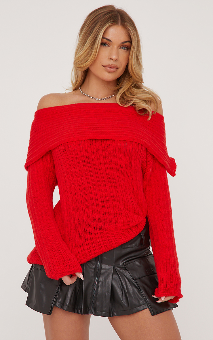 Fold Over Bardot Jumper In Red Knit | EGO Shoes