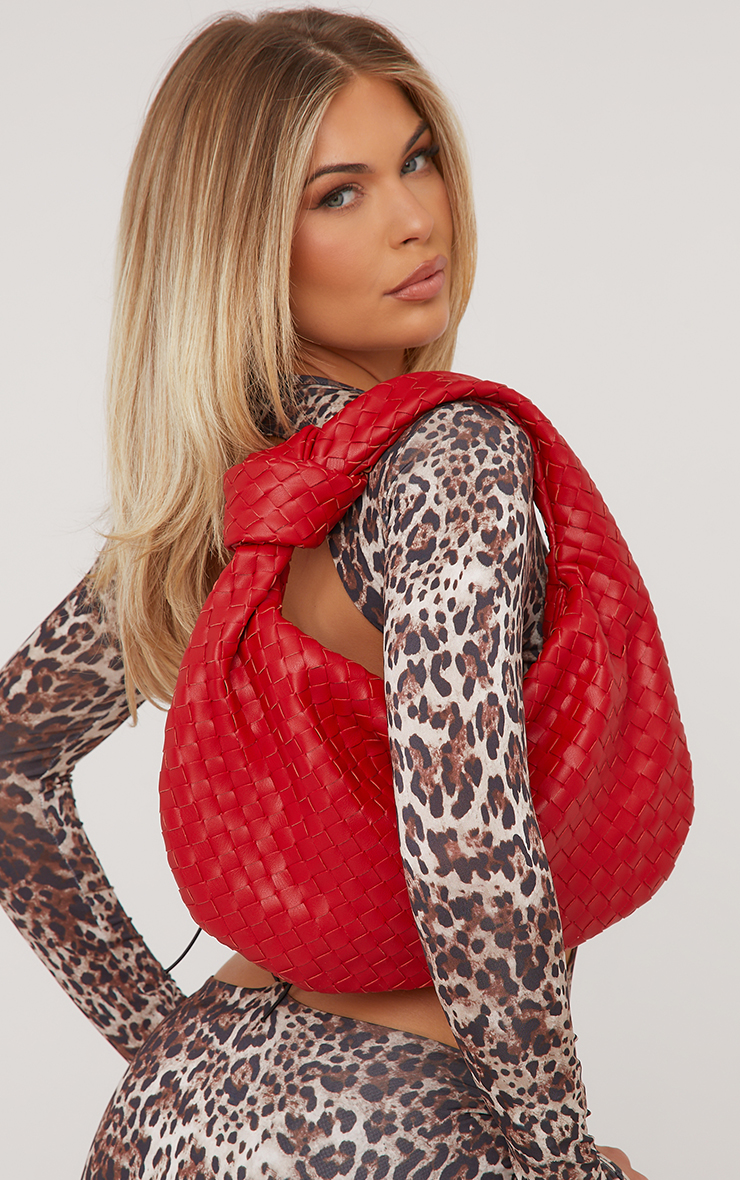 Loreen Woven Knotted Strap Detail Oversized Shoulder Bag In Red Faux ...