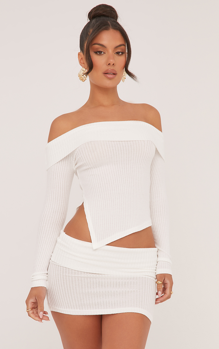 Long Sleeve Fold Over Bardot Asymmetric Hem Top In Cream Soft Ribbed ...