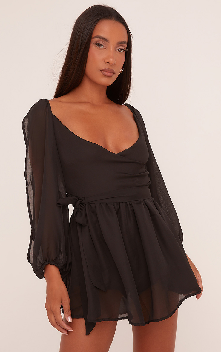 Long Split Sleeve Tie Waist Flippy Hem Mini Dress In Black | EGO US | EGO