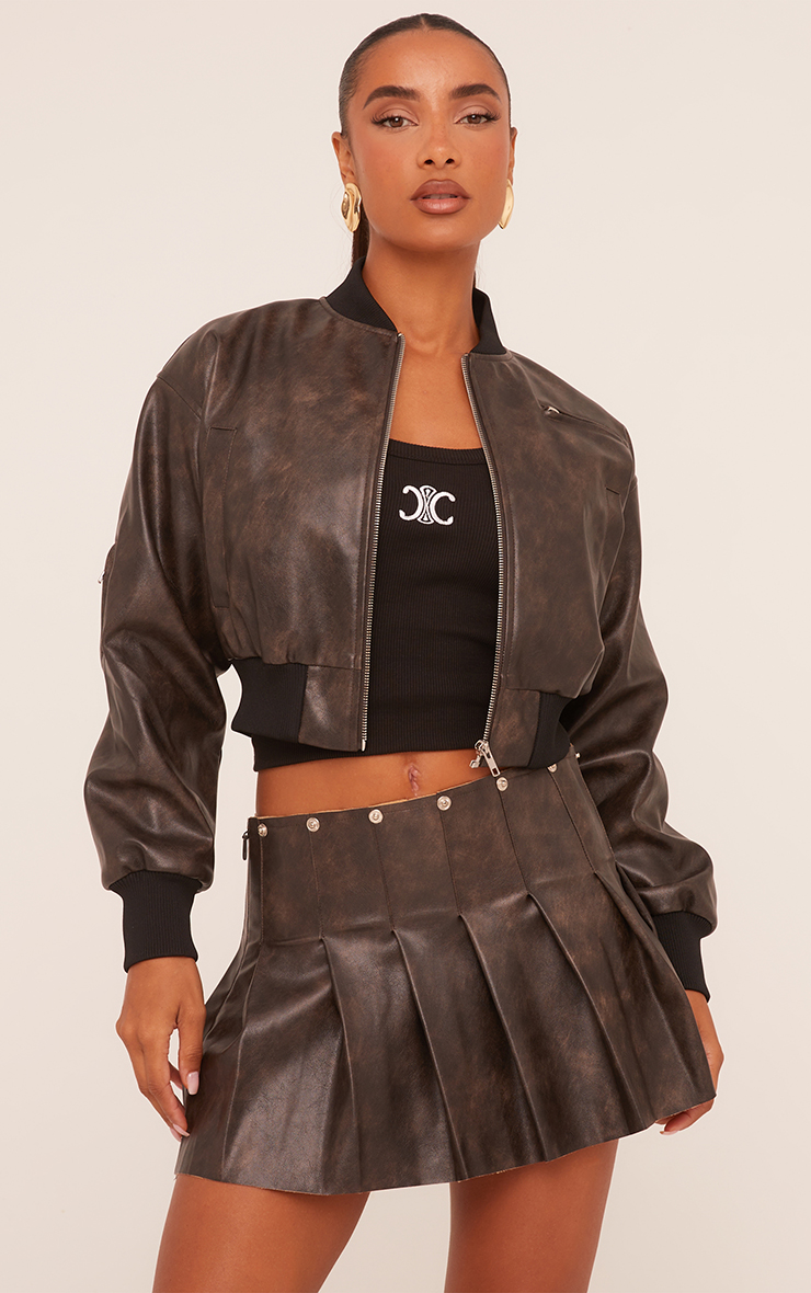 Cropped Bomber Jacket In Brown Faux Leather | EGO US | EGO