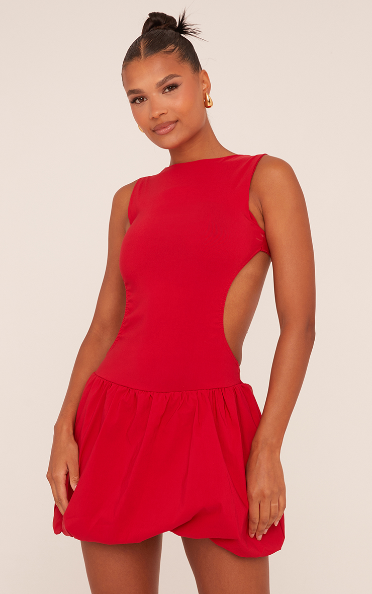 Racer Cut Out Side Puffball Mini Dress In Red Woven | EGO UK | EGO