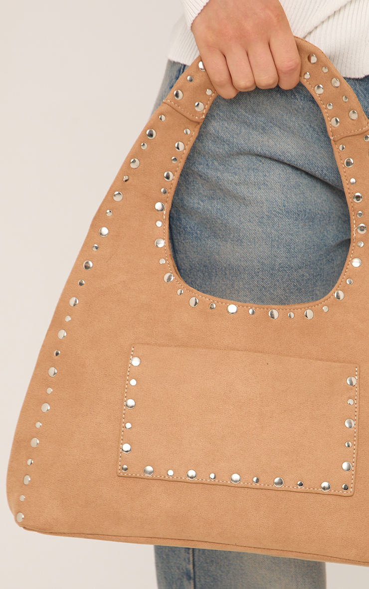 Nora Stud Detail Shaped Shoulder Bag In Nude Faux Suede | EGO US | EGO