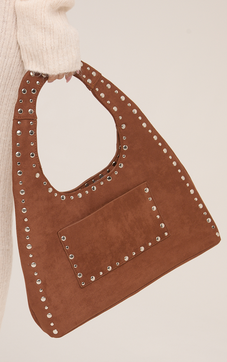 Nora Stud Detail Shaped Shoulder Bag In Brown Faux Suede | EGO UK | EGO