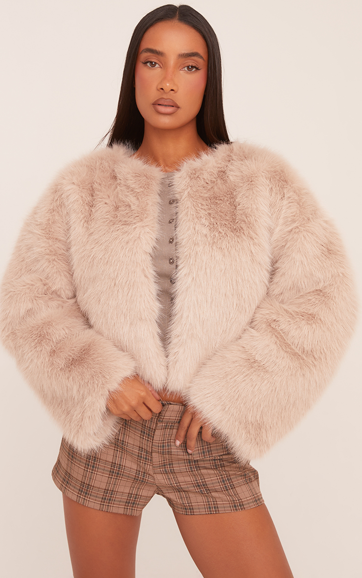 Collarless Cropped Jacket In Stone Faux Fur | EGO US | EGO
