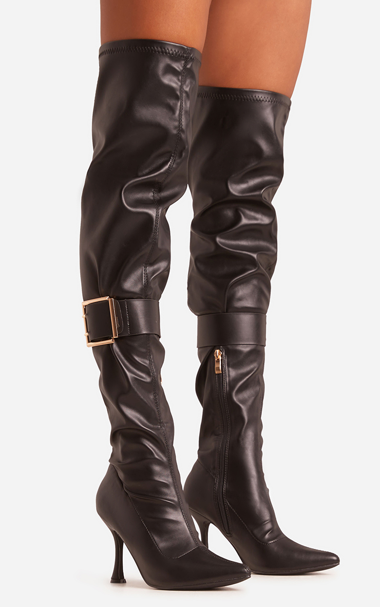 Easton Buckle Detail Pointed Toe Stiletto Heel Knee High Long Boot In ...