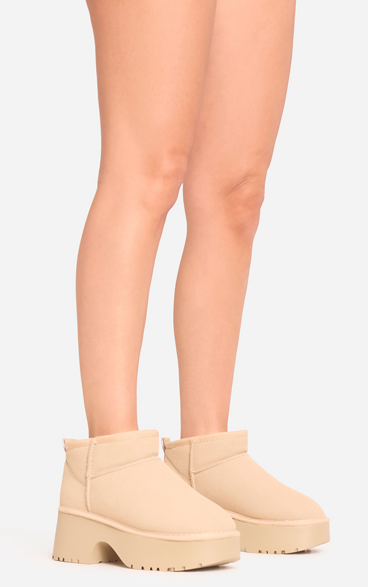 Akitar Faux Fur Lining Platform Block Heel Ankle Boot In Sand Faux ...