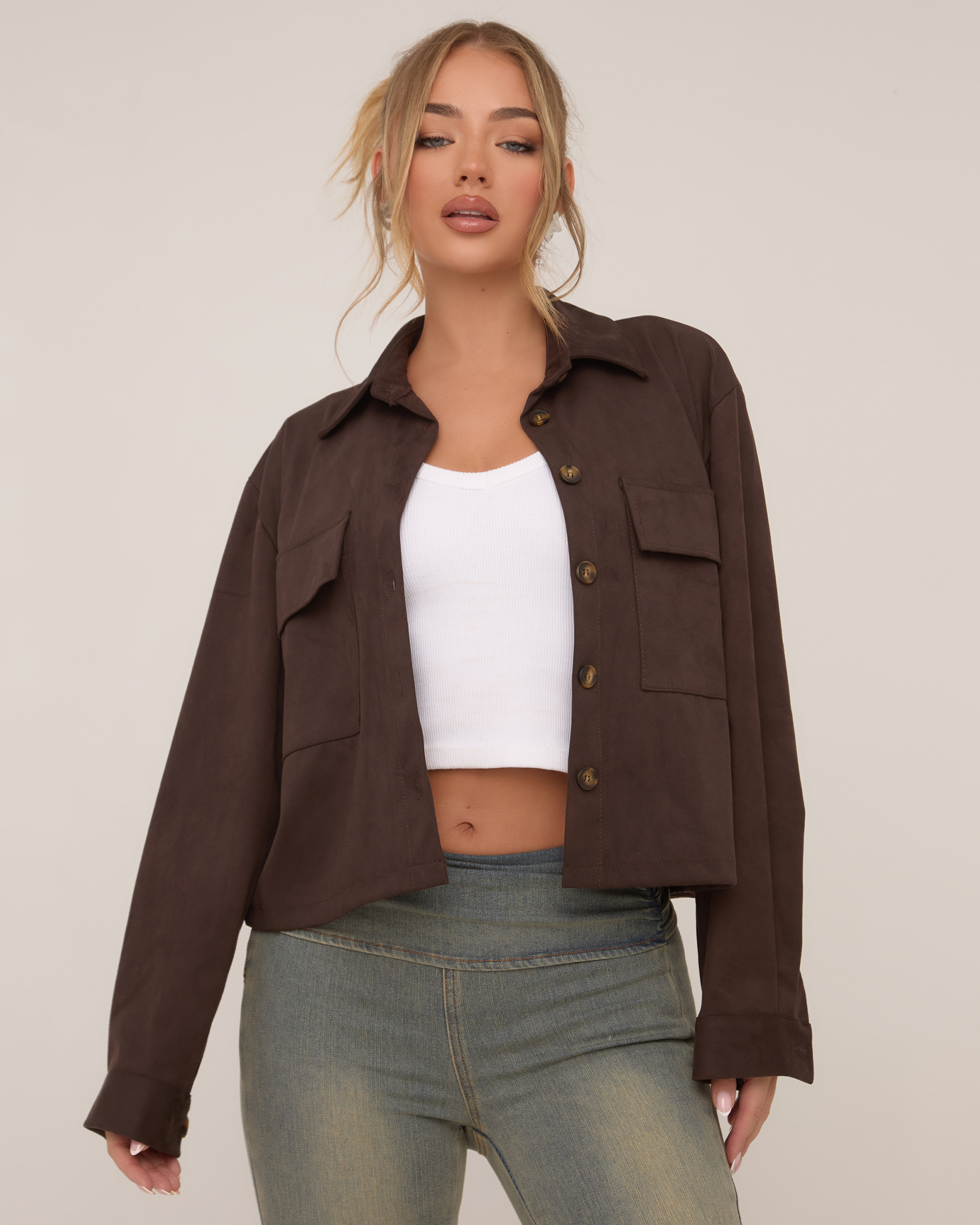 Cropped Trucker Jacket In Dark Brown Faux Suede | EGO US | EGO