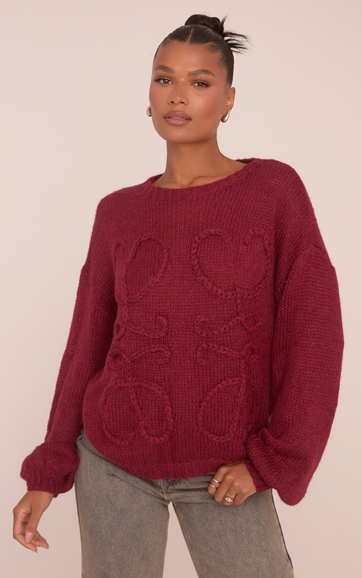 Long Sleeve Swirl Detail Jumper In Burgundy Knit | EGO US | EGO