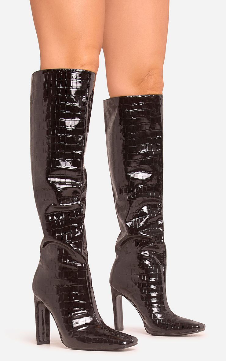 Alba Pointed Square Toe Thin Block Heel Knee High Long Boot In Black ...