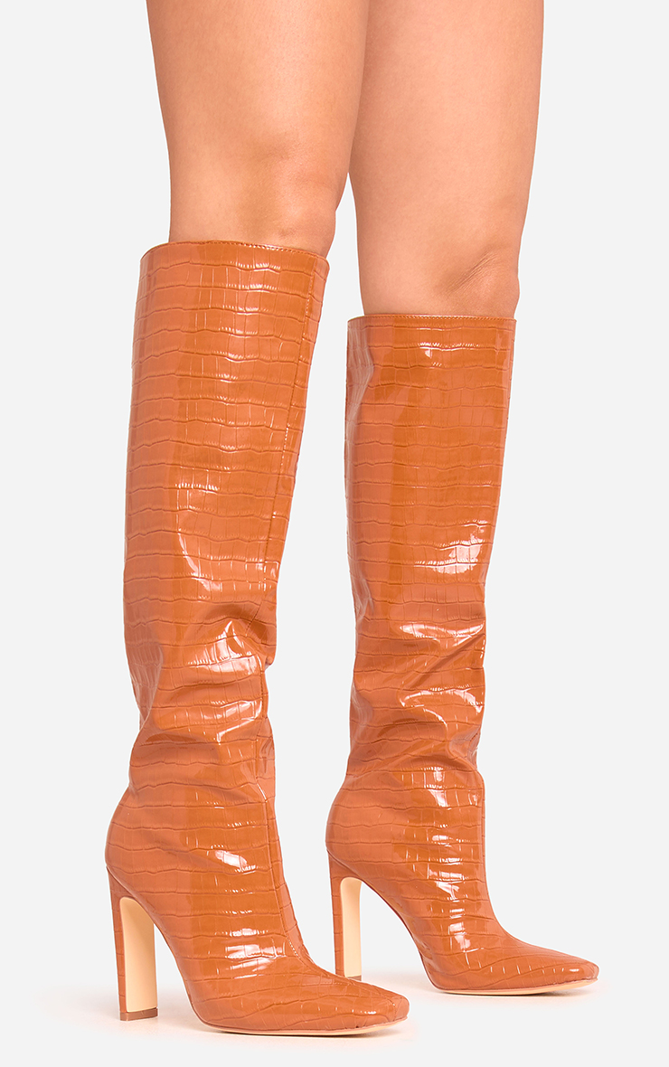 Alba Pointed Square Toe Thin Block Heel Knee High Long Boot In Tan ...