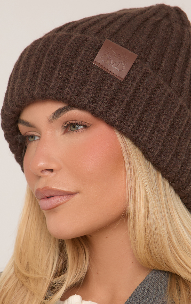 Logo Detail Fold Over Beanie Hat In Brown Knit | EGO UK | EGO
