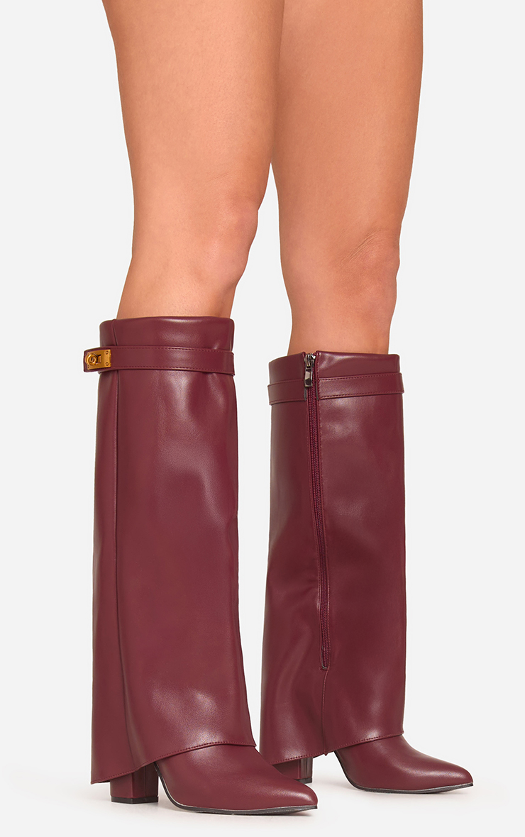 Ava Lock Detail Pointed Toe Knee High Block Heel Boot In Burgundy Faux ...
