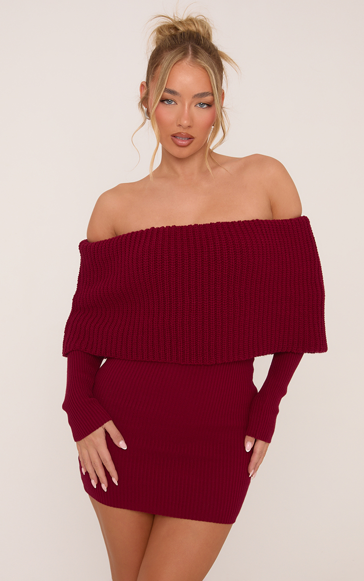 Extreme Fold Over Bardot Mini Bodycon Dress In Burgundy Knit | EGO US | EGO
