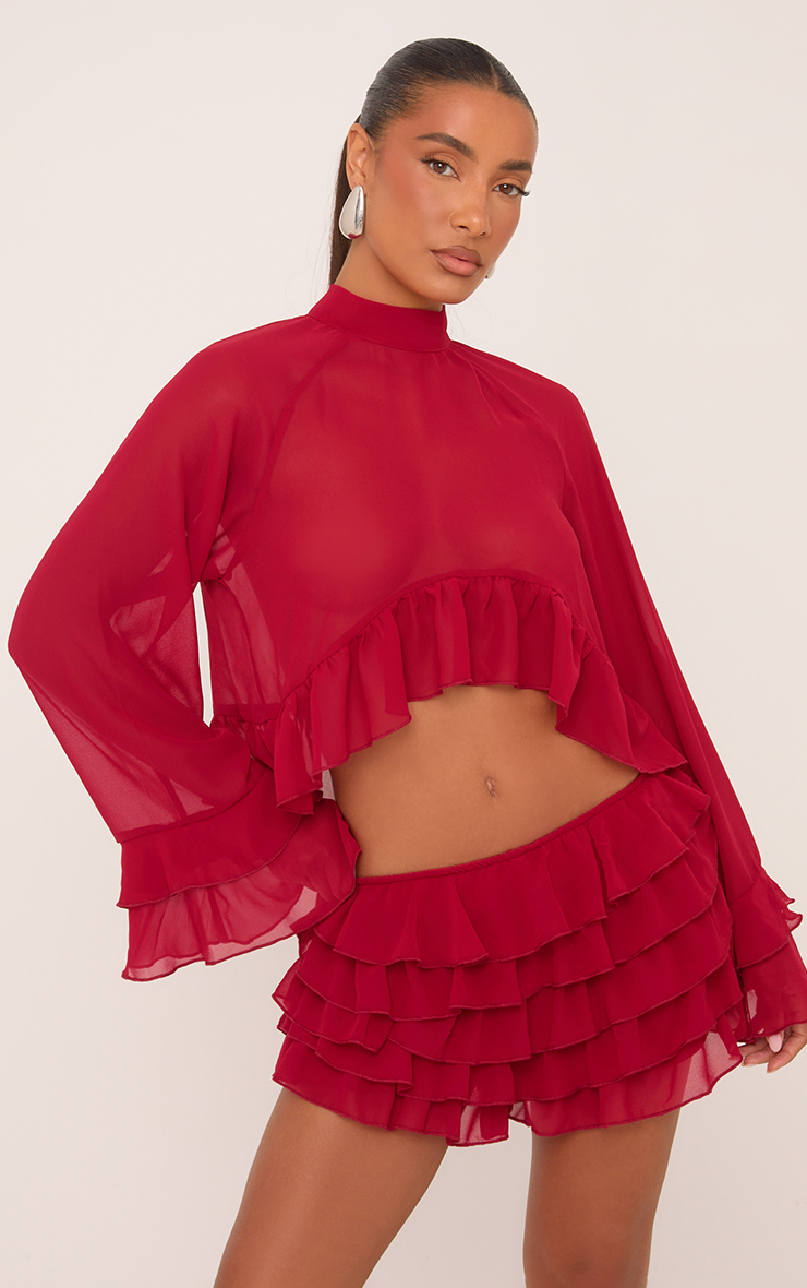 Long Bell Sleeve Frilly Cropped Cape Top In Red | EGO US | EGO