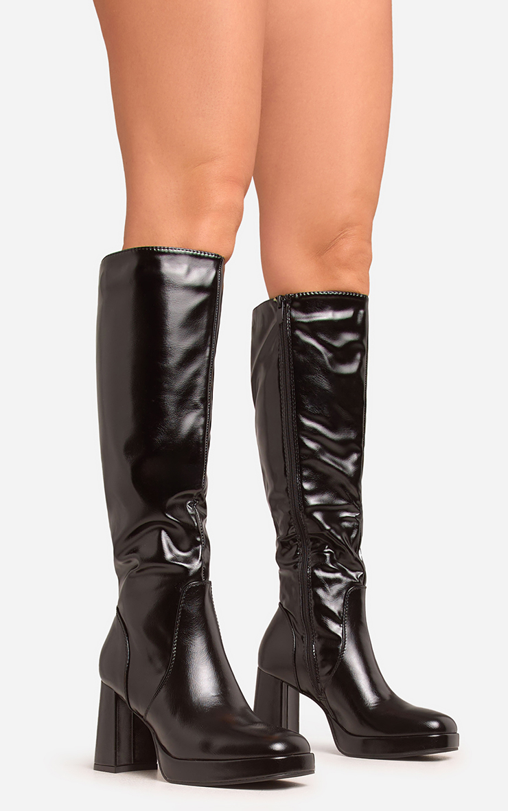 Manon Platform Chunky Block Heel Knee High Long Boot In Black Patent ...