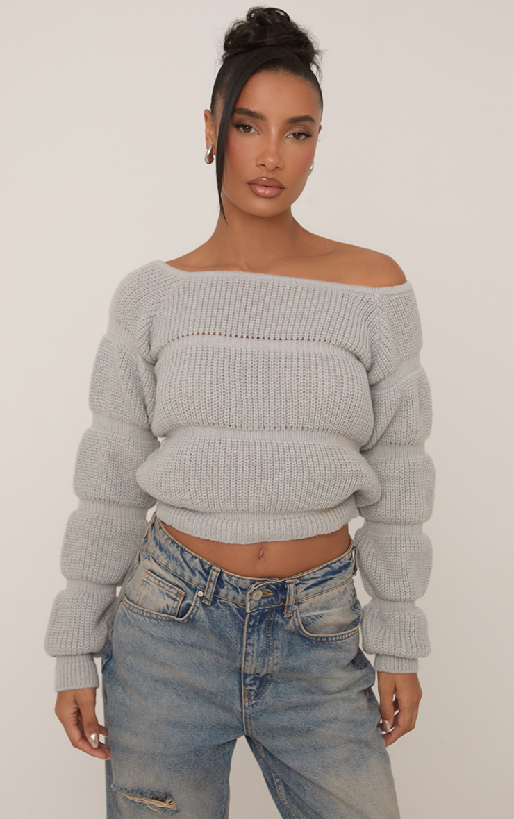 Bardot Long Sleeve Puffy Jumper In Grey Knit | EGO US | EGO