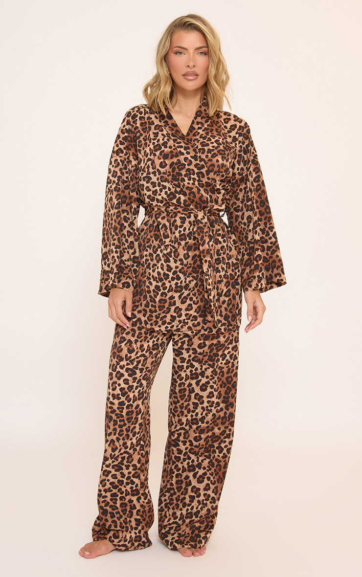 Long Sleeve Belted Waist Top And Trousers Pyjama Set In Brown Leopard ...