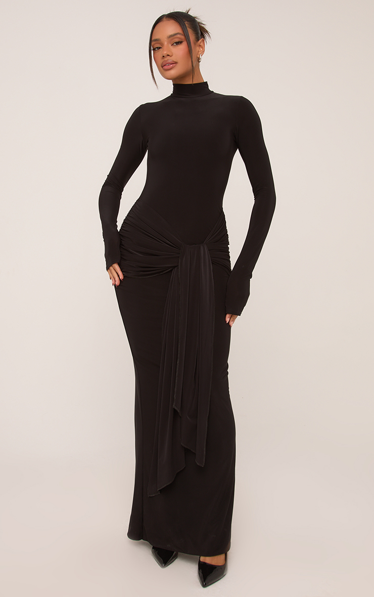 Long Sleeve High Neck Drape Detail Maxi Dress In Black Slinky | EGO US | EGO