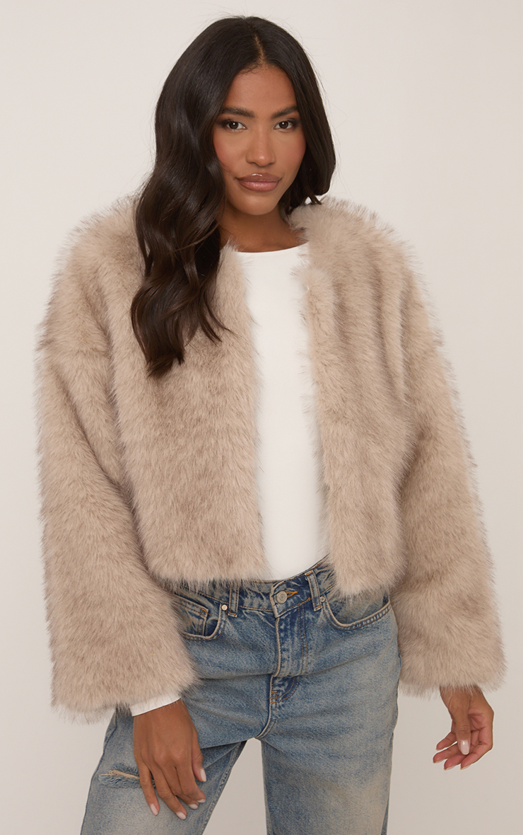 Collarless Cropped Jacket In Light Grey Faux Fur | EGO US | EGO