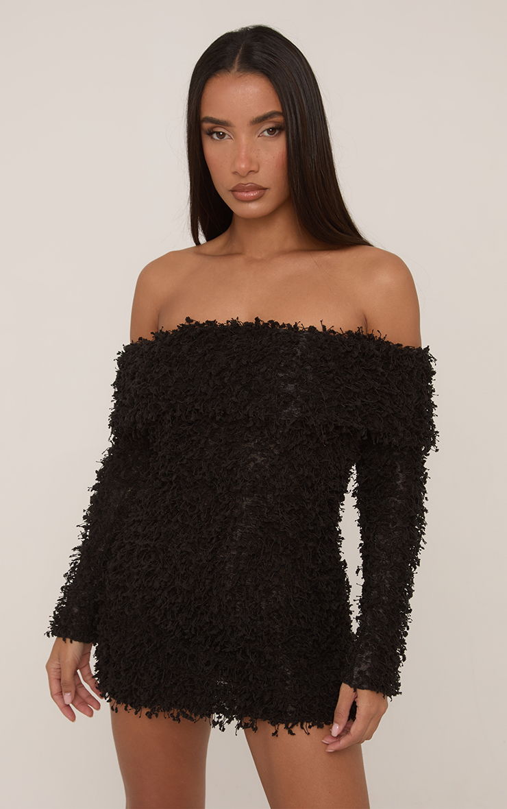 Bardot Long Sleeve Mini Dress In Black Texture | EGO UK | EGO