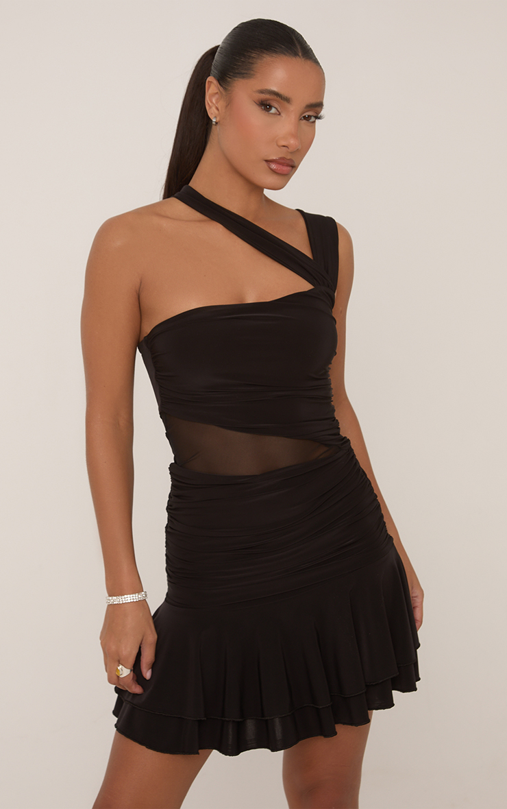 Asymmetric Strap Mesh Panel Frilled Hem Mini Dress In Black | EGO UK | EGO