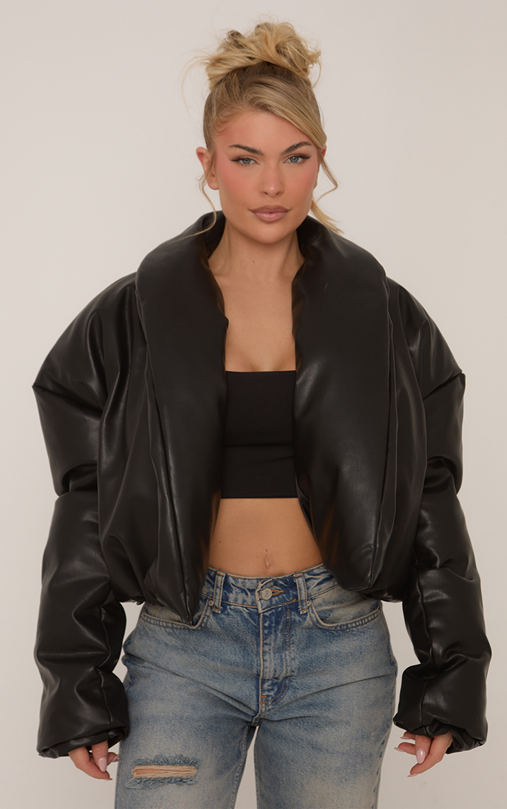 Long Sleeve Oversized Padded Puffer Jacket In Black Faux Leather | EGO ...