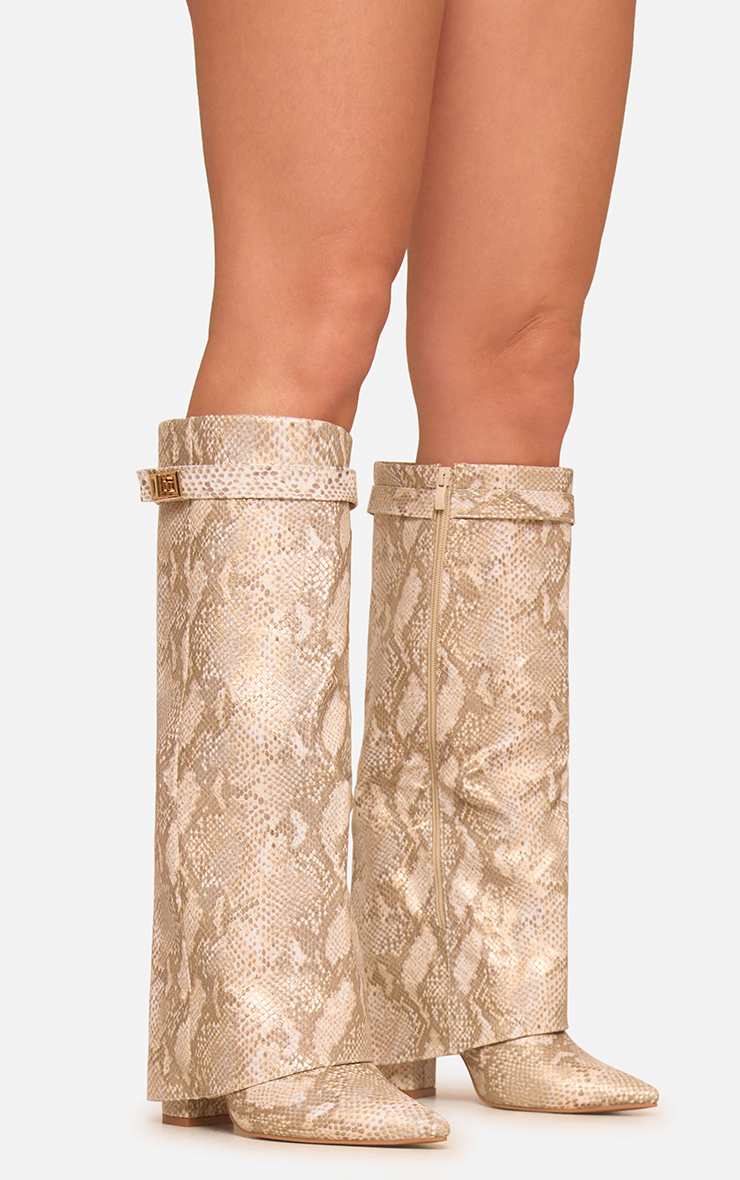 Ava Lock Detail Pointed Toe Knee High Block Heel Boot In Snake Print ...