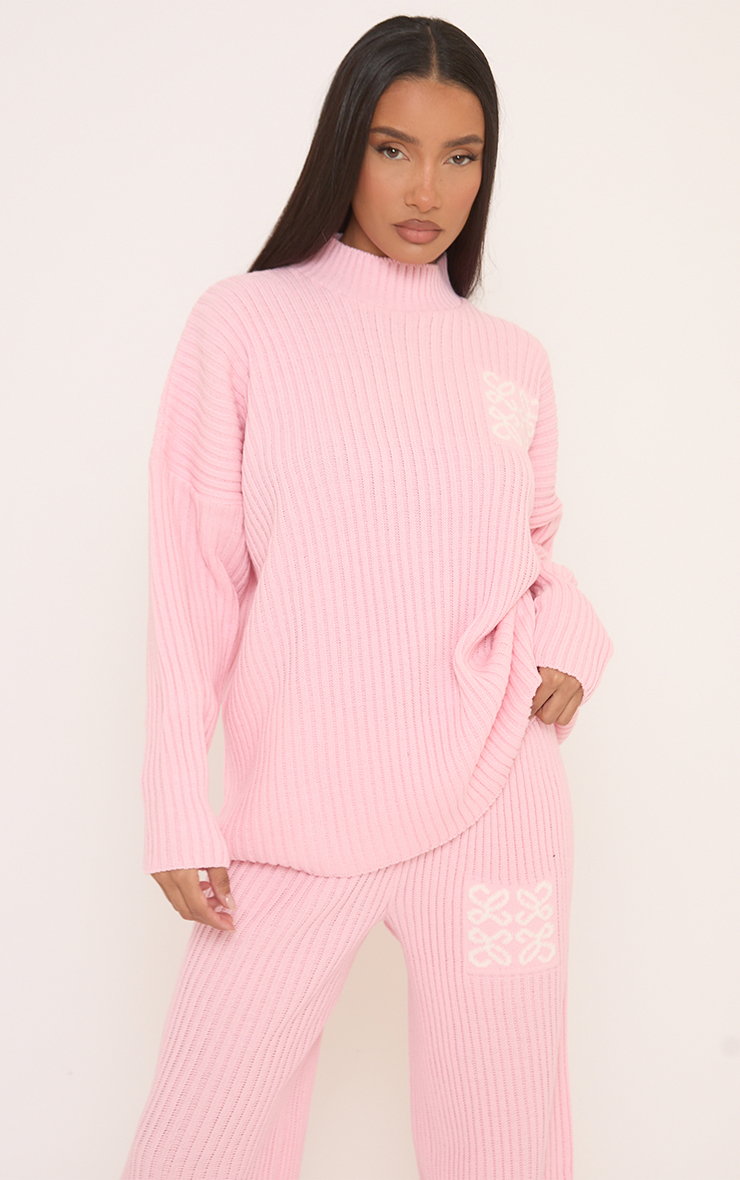 Long Sleeve High Neck Swirl Graphic Jumper In Pink Rib Knit | EGO UK | EGO
