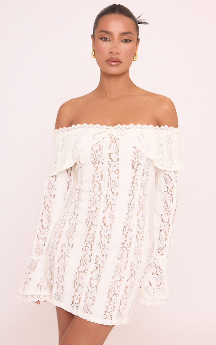 Long Sleeve Foldover Bardot Mini Dress In White Lace | EGO US | EGO