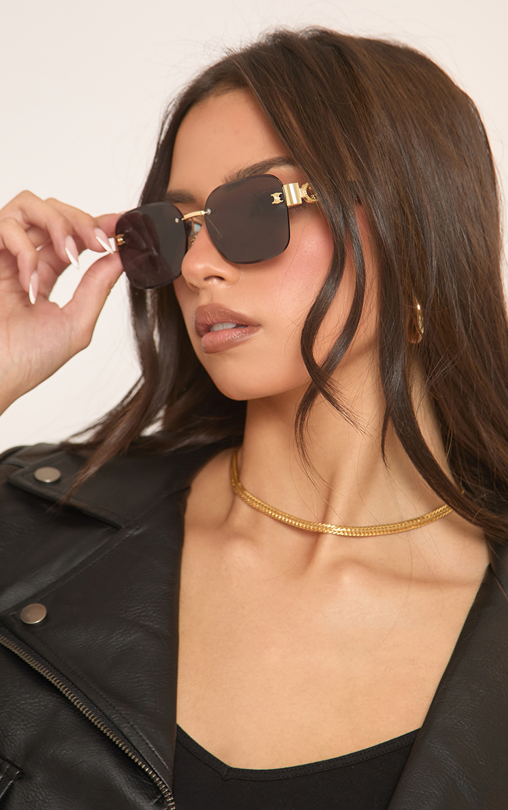 Gold Side Logo Detail Metal Frame Rectangle Shaped Sunglasses In Black ...